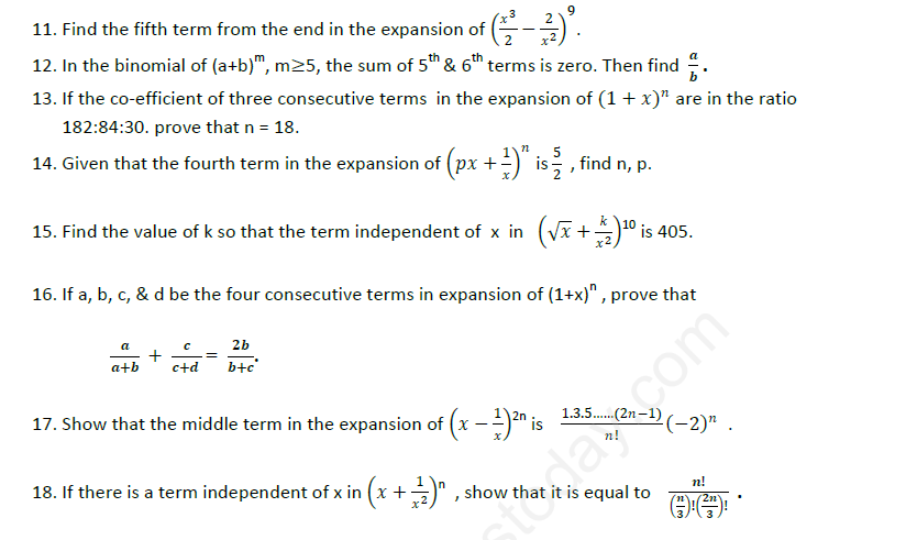 CBSE Class 11 Mathematics Binomial Theorem Assignment Set B